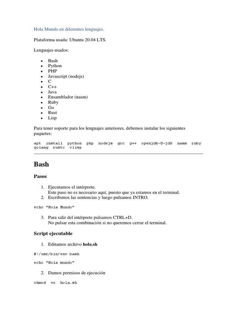 "Hola Mundo" en 12 Lenguajes en Ubuntu | PDF | Java (lenguaje de ...