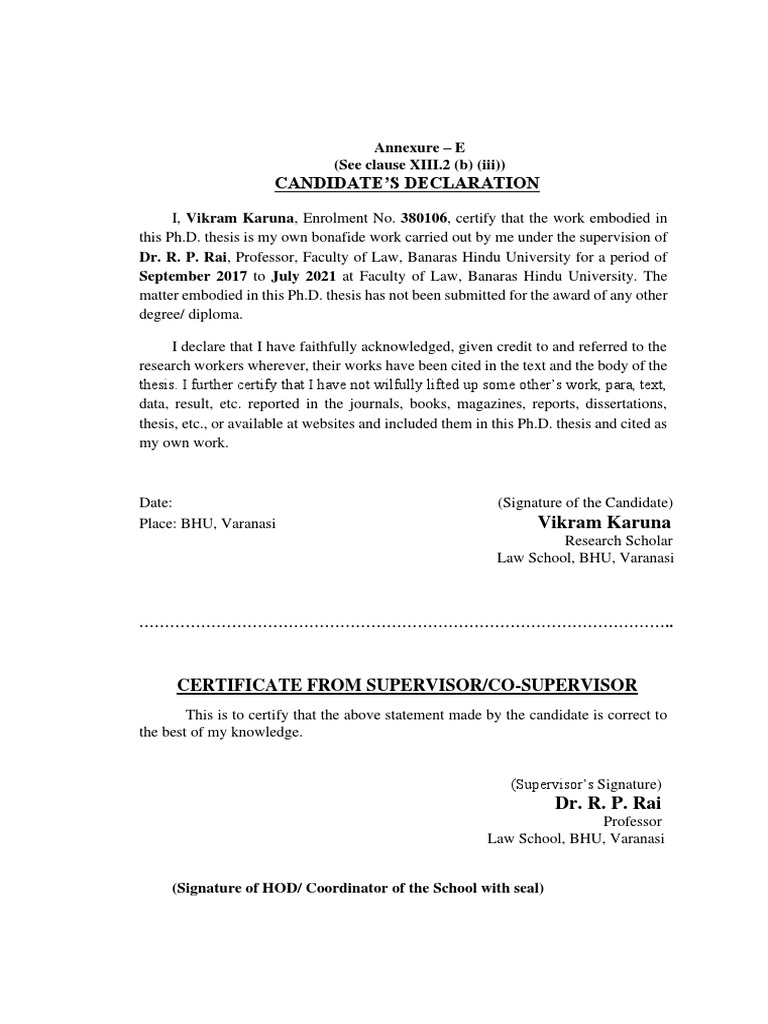 Ph.D. Thesis Declaration Form | PDF