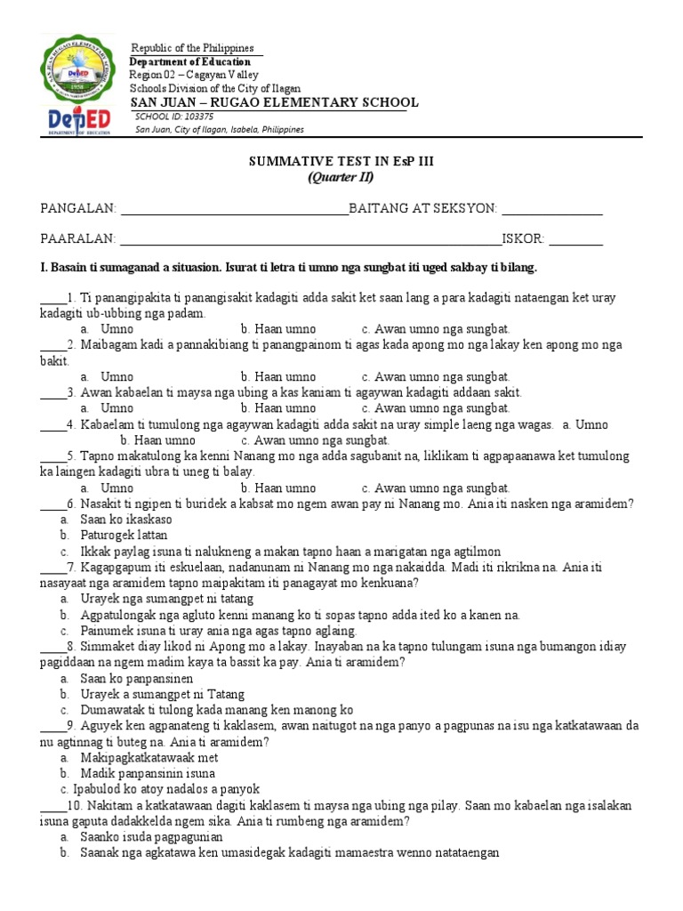 2nd Grading Summative Tests in EsP | PDF