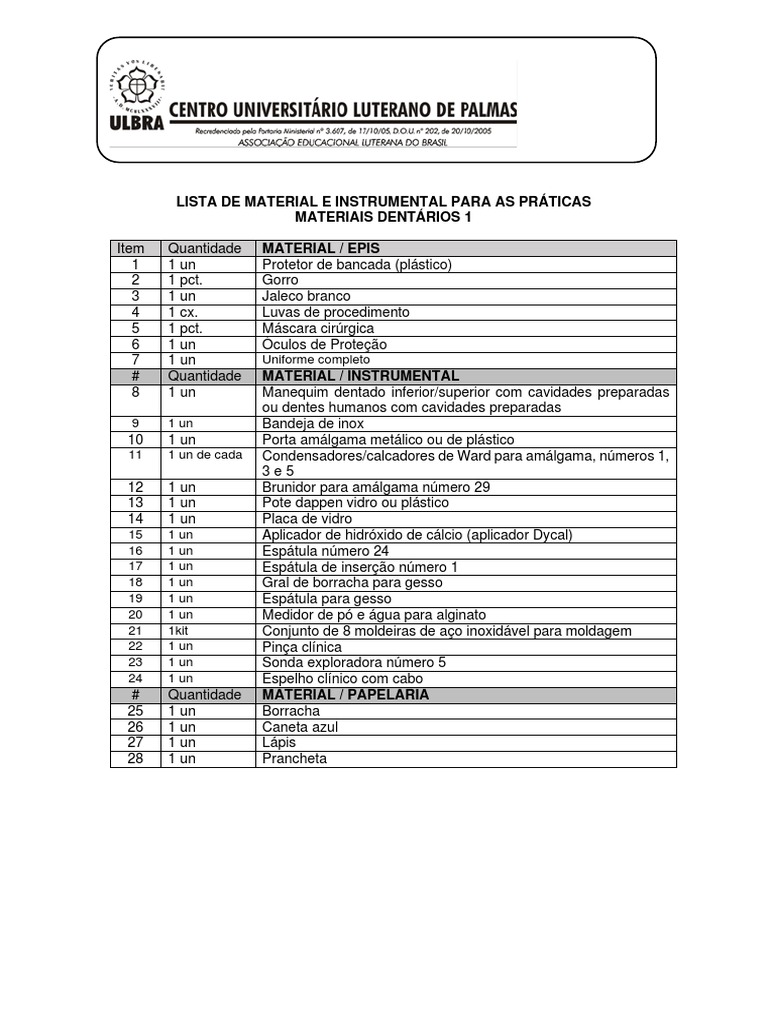 Lista de Material e Instrumental | PDF