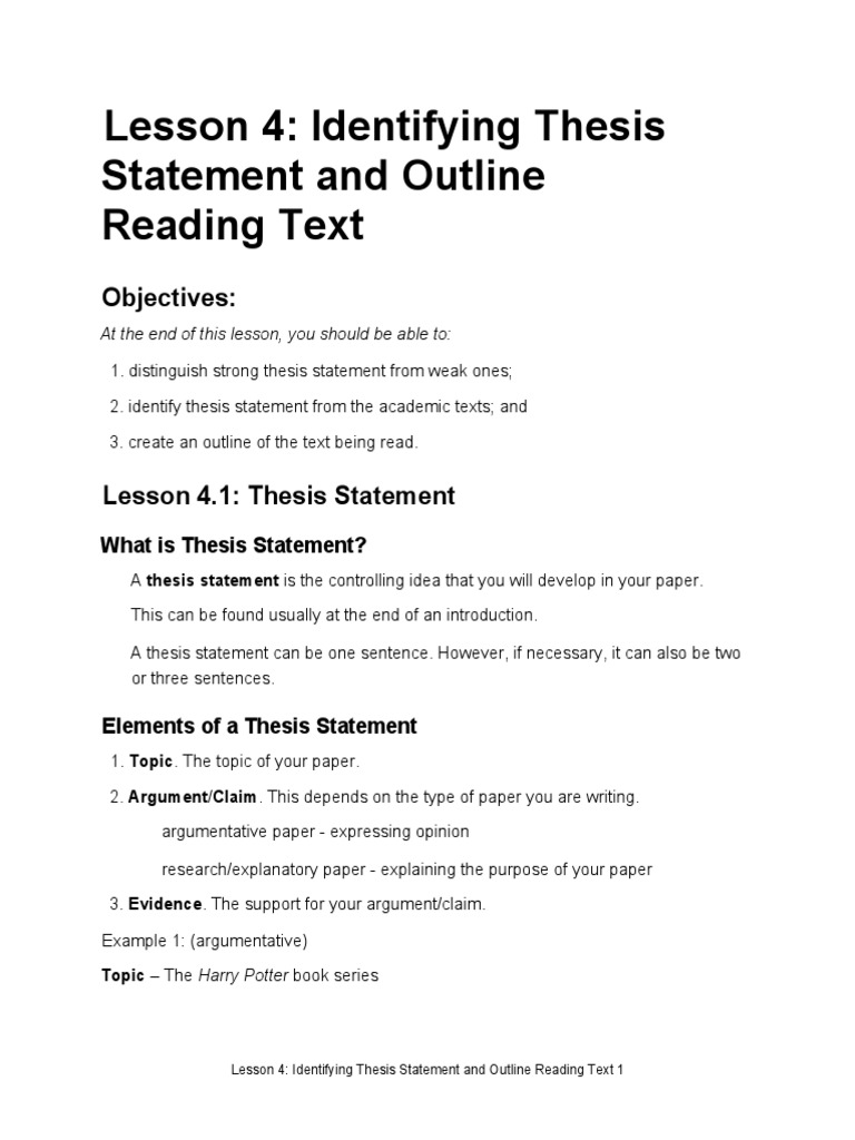 Lesson 4 Identifying Thesis Statement And Outline Reading Text Pdf