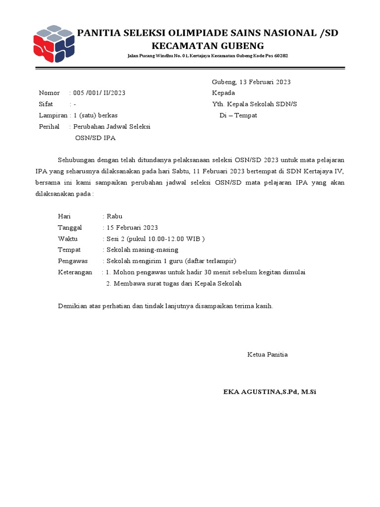 Surat Perubahan Jadwal OSN | PDF