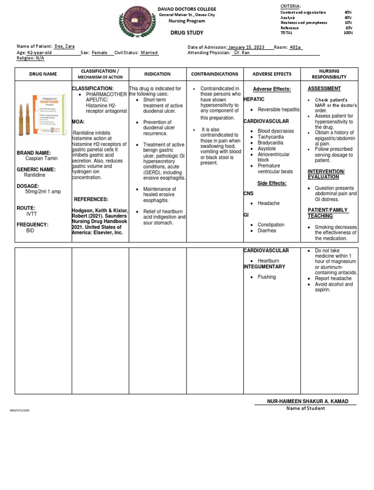 A Drug Study on Ranitidine for the Treatment of Duodenal Ulcer in a 42 ...