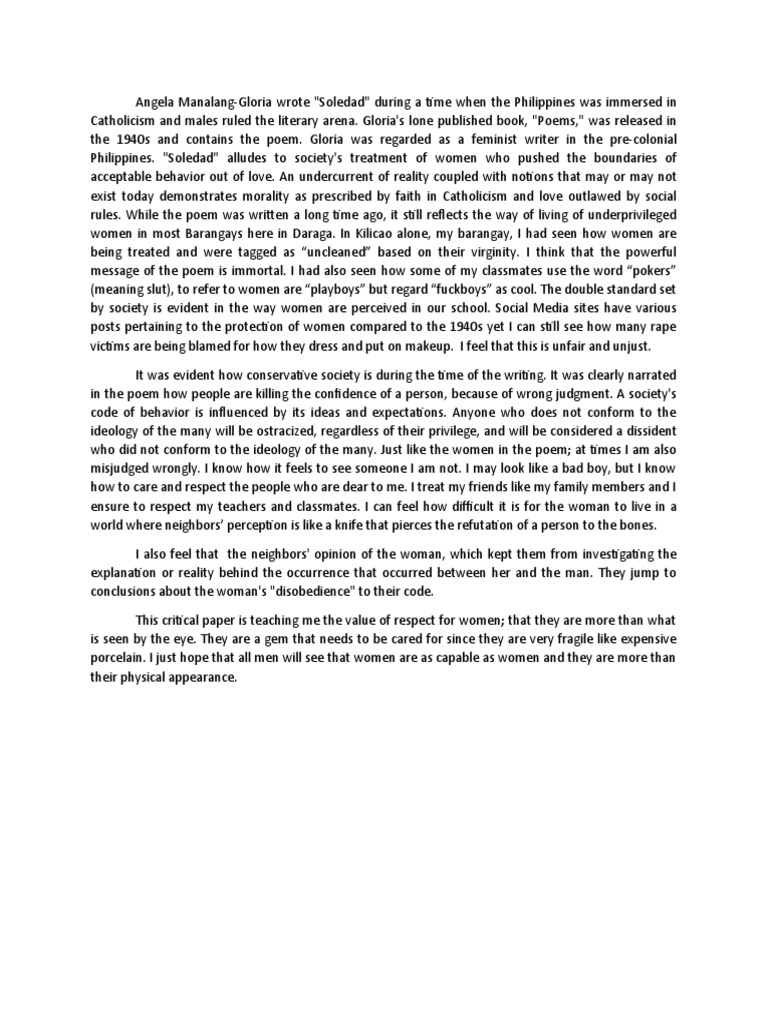 Feminist Themes in Angela Gloria's "Soledad" | PDF | Social Psychology ...