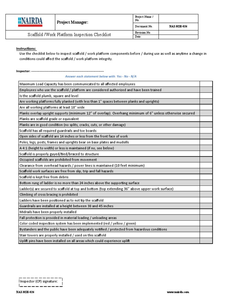 (NAI-HSE-026) Scaffold Work Platform Inspection Checklist | PDF ...
