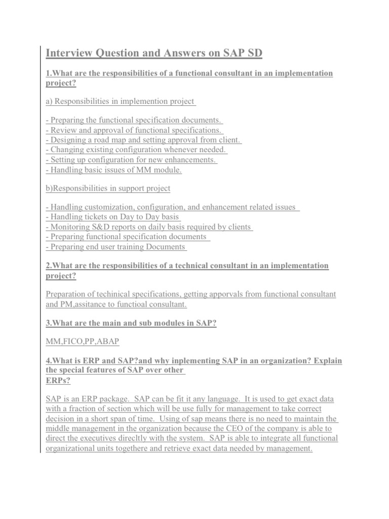 Interview Questions and Answers on SAP SD Module | PDF | Invoice | Sap Se