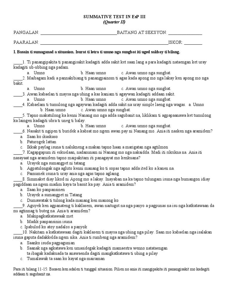 2nd Grading Summative Tests in EsP | PDF