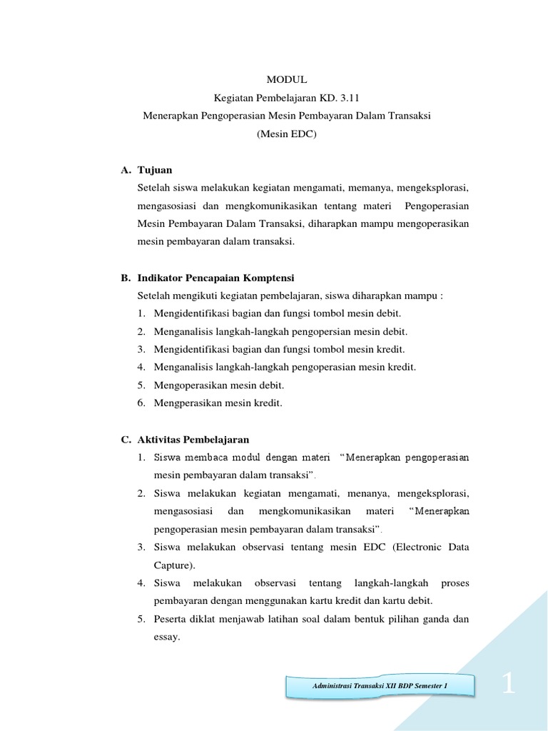 Modul Kd. 3.11 Menerapkan Pengoperasisia Alat Pembayaran Transaksi (Mesin Edc) | PDF ...