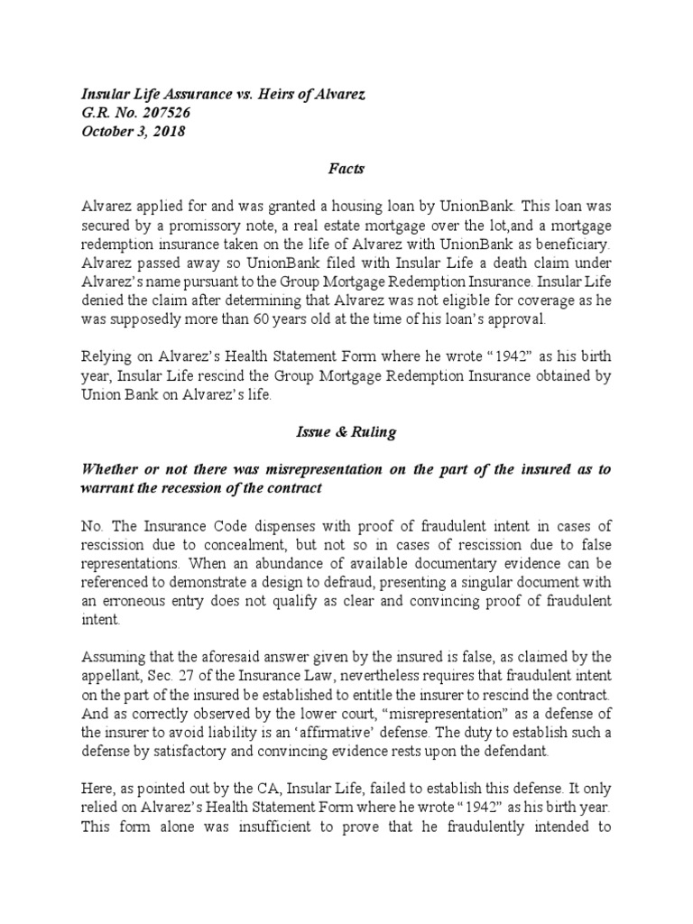 Insular Life Assurance vs. Heirs of Alvarez | PDF | Misrepresentation ...