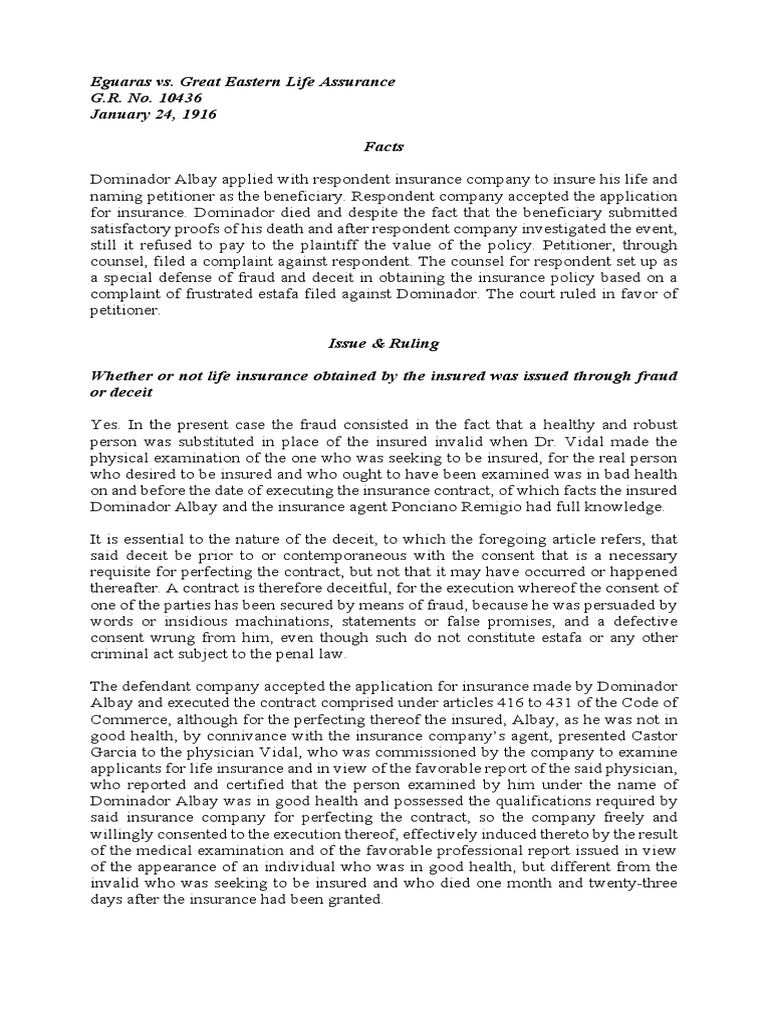 Eguaras vs. Great Eastern Life Assurance | PDF | Life Insurance | Fraud