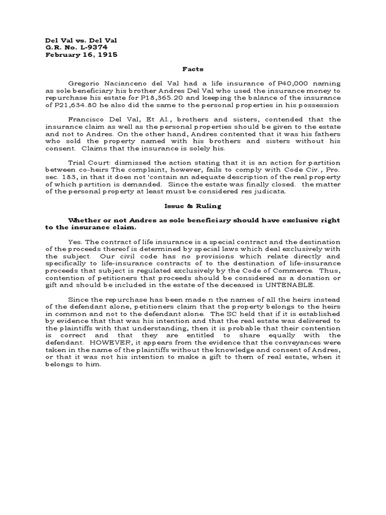 Del Val vs. Del Val | PDF | Insurance | Justice