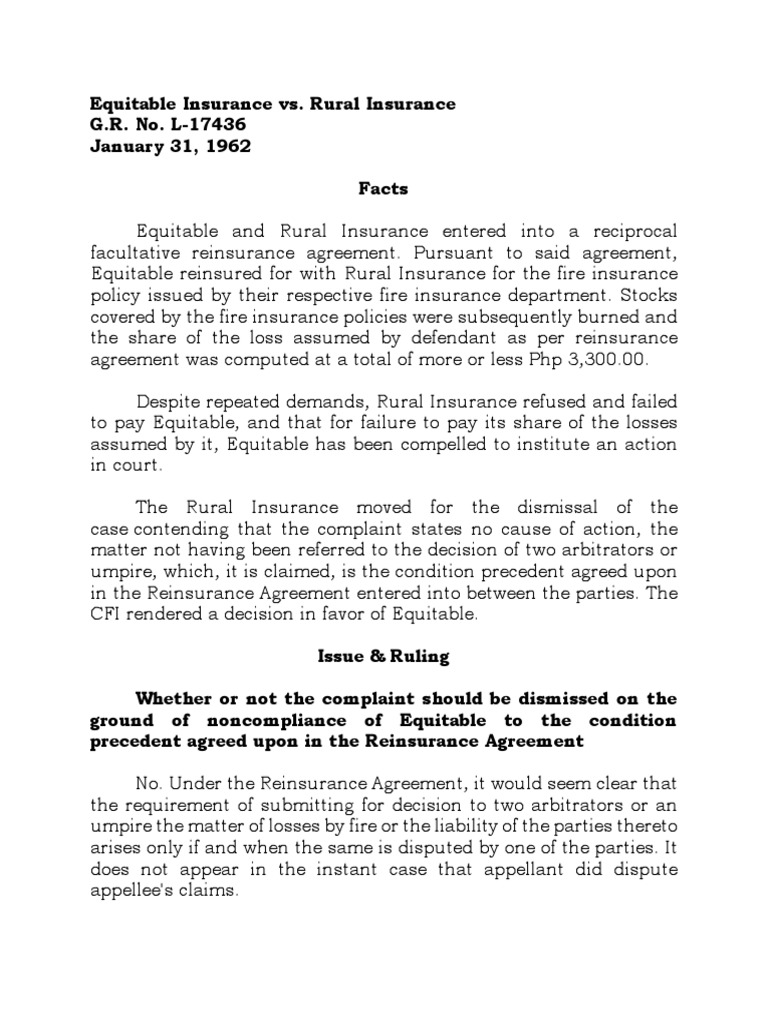 Equitable Insurance vs. Rural Insurance | PDF | Insurance | Reinsurance