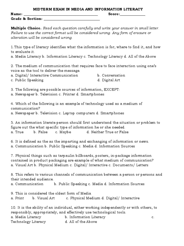 Midterm Exam in Media and Information Literacy3 | PDF | Mass Media ...