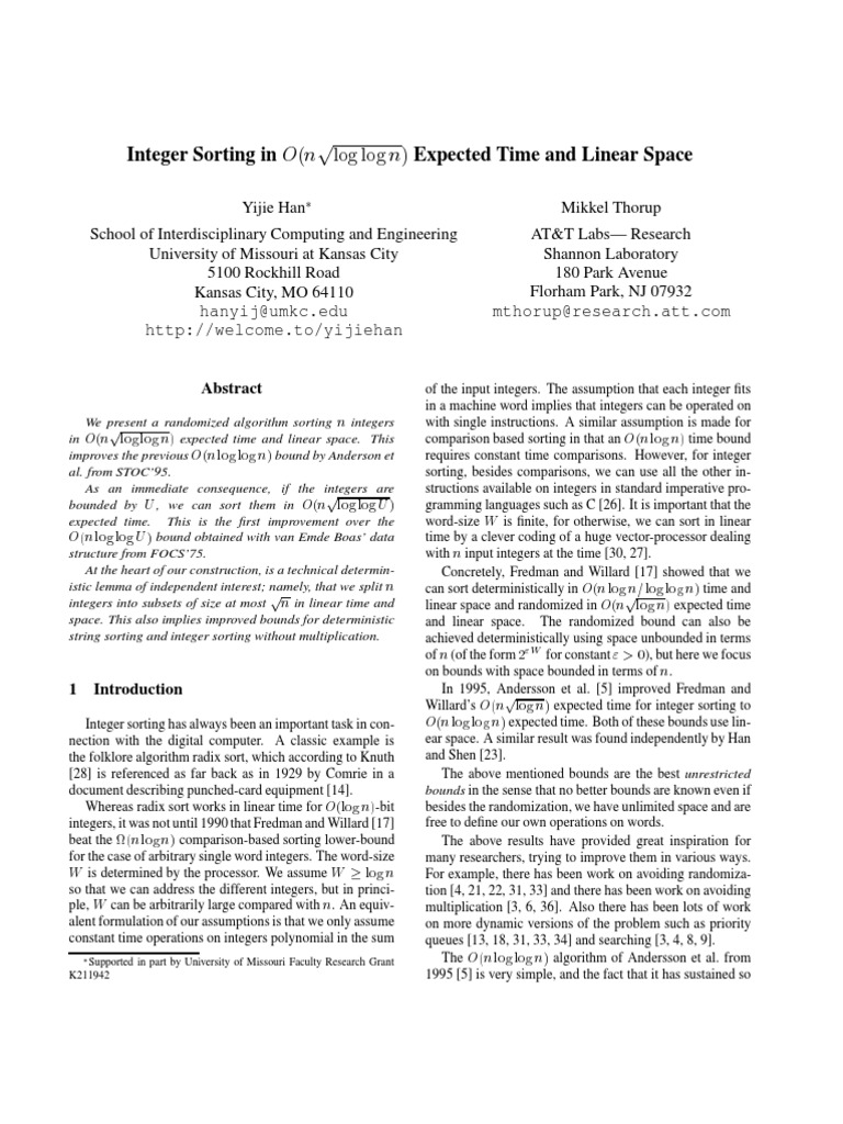 Integer Sorting in O (N SQRT (Log Log N) ) ) Expected Time and Linear Space | PDF | Time ...