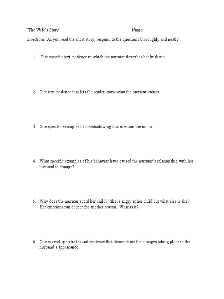 The Wife's Story PFR Questions | PDF