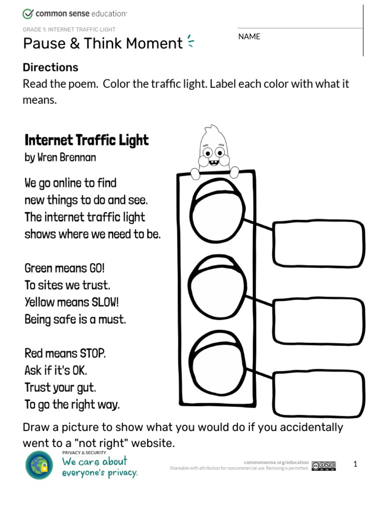 Grade 1 - Internet Traffic Light - Pause & Think Moment Student Handout ...