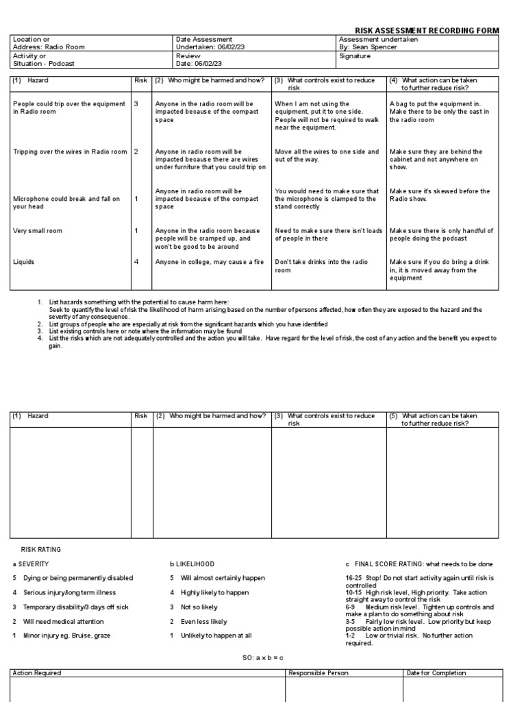 Risk Assessment - Sean Spencer | PDF | Risk | Hazards