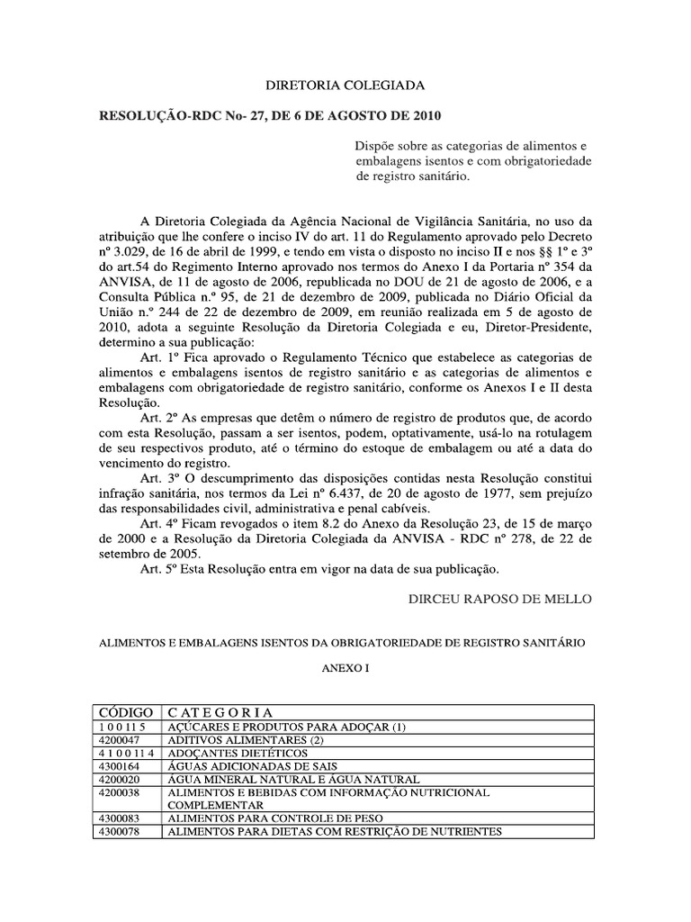 RDC #27 - 27.06.2010 - Categorias de Alimentos e Embalagens Isentos e ...