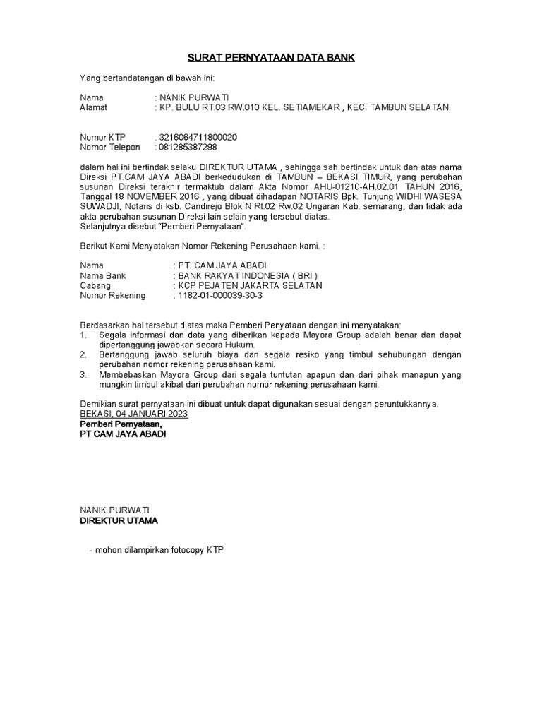 Surat Pernyataan Perubahan Data Bank PT | PDF