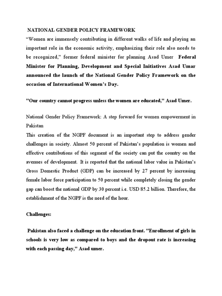 National Gender Policy Framework | PDF | Policy | Gross Domestic Product