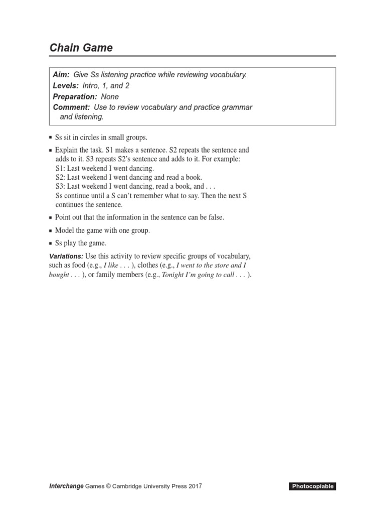 Vocabulary Chain Game Activity | PDF | Language Arts & Discipline