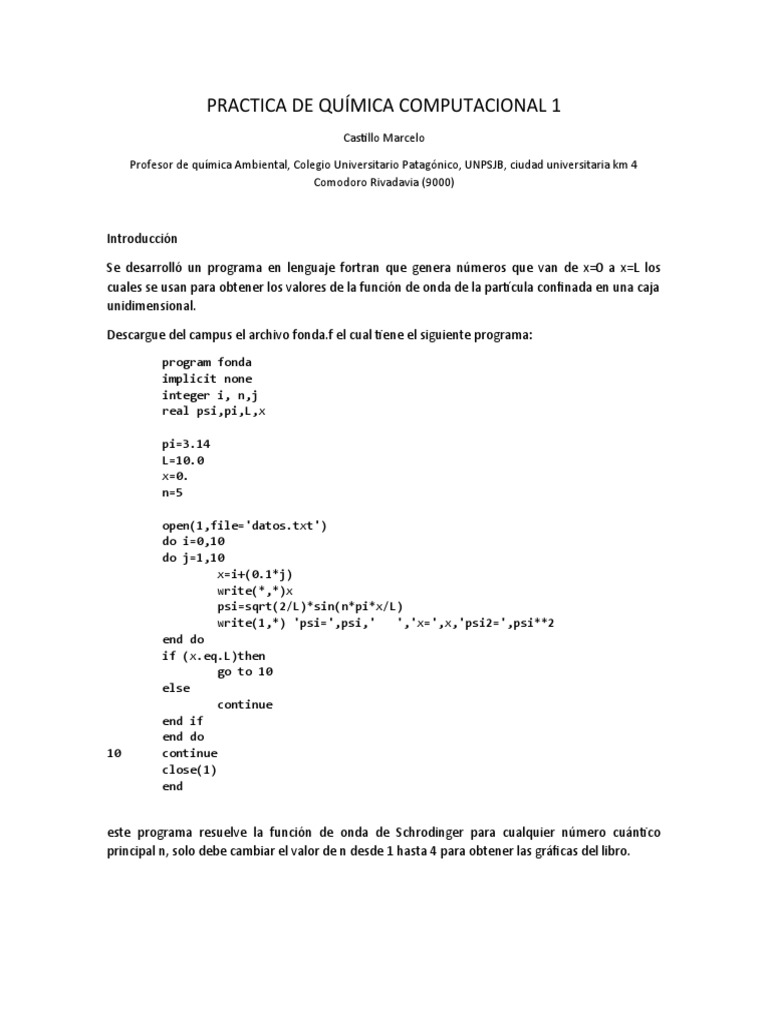 PRACTICA DE QUÍMICA COMPUTACIONAL 1_ec de sch | PDF