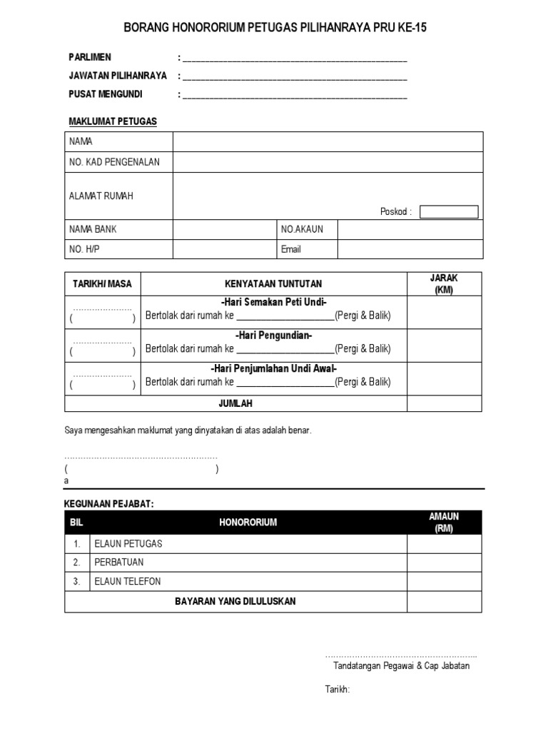 Undi Awal - BORANG HONORARIUM PRU15 | PDF