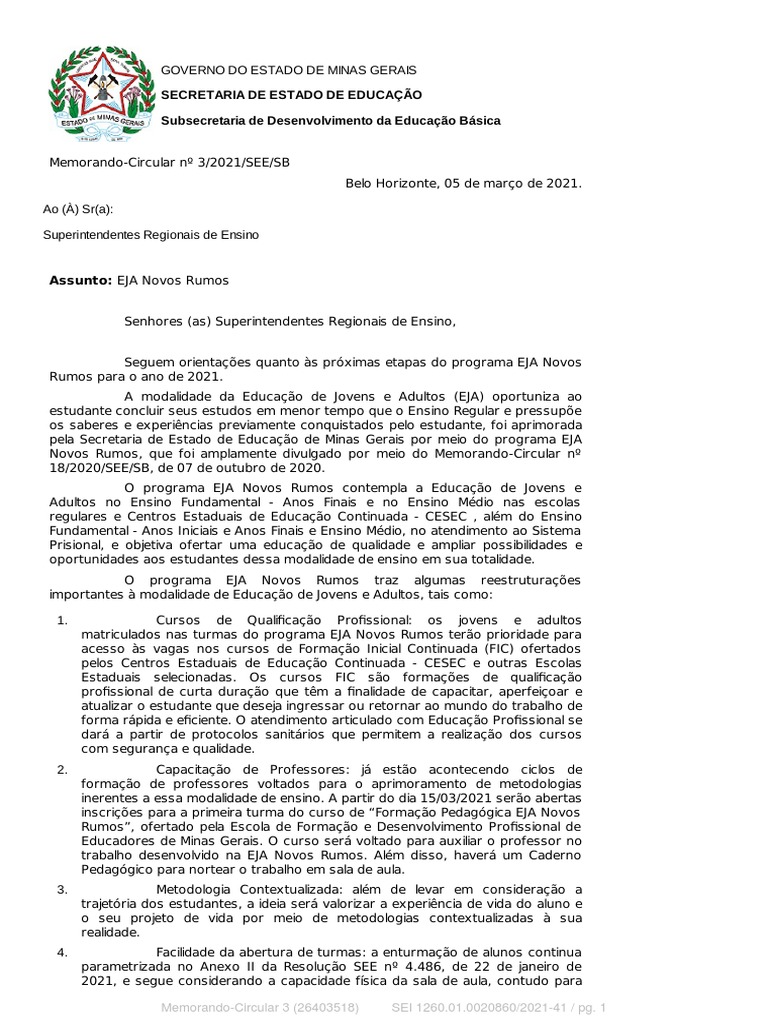Memorando Circular 03 See SB | PDF | Desenvolvimento profissional | Pedagogia