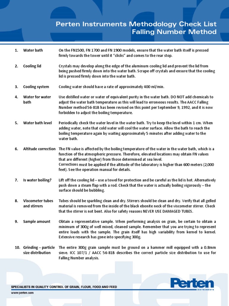 Perten Falling Number Method Checklist | PDF | Water | Flour
