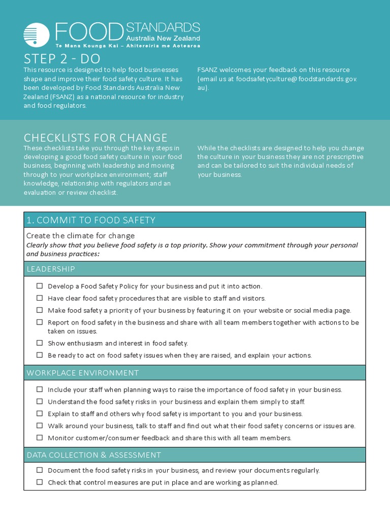 Step 2 Do. Food Safety Culture Checklists | PDF | Business | Wellness