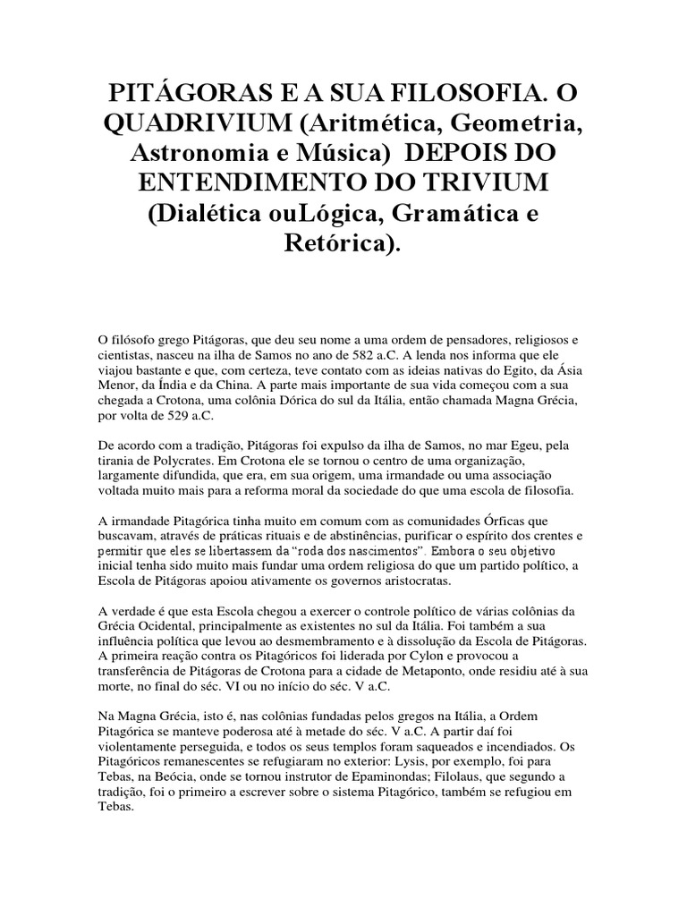 PITÁGORAS E A SUA FILOSOFIA - O Trivium e o Quadrivium | PDF ...