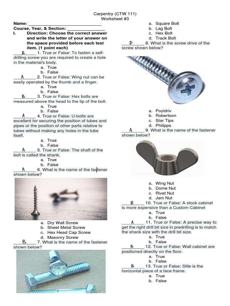 Carpentry Worksheet: Fasteners & Cabinets | PDF | Screw | Cabinetry