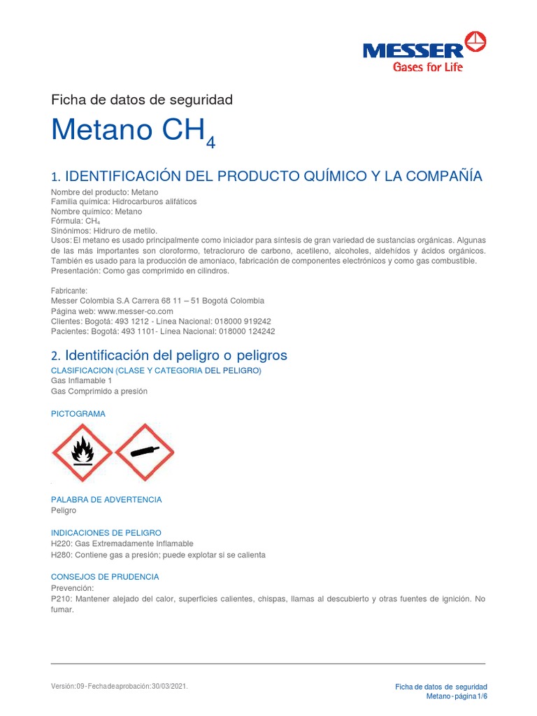 Fichas de Datos de Seguridad Metano | PDF | Metano | Combustión