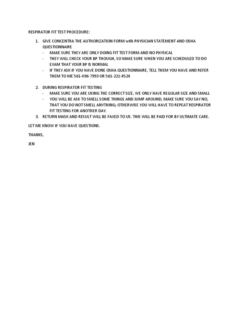 Respirator Fit Test Procedure | PDF