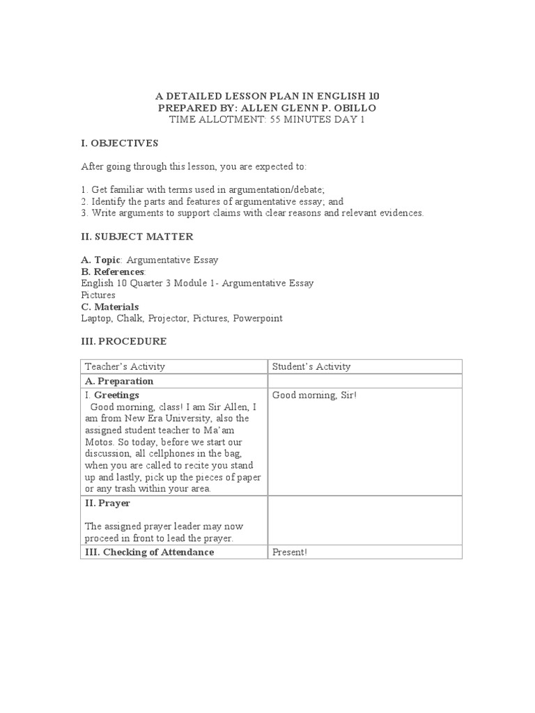 Grade 10 Argumentative Essay Lesson Plan | PDF | Essays | Persuasion