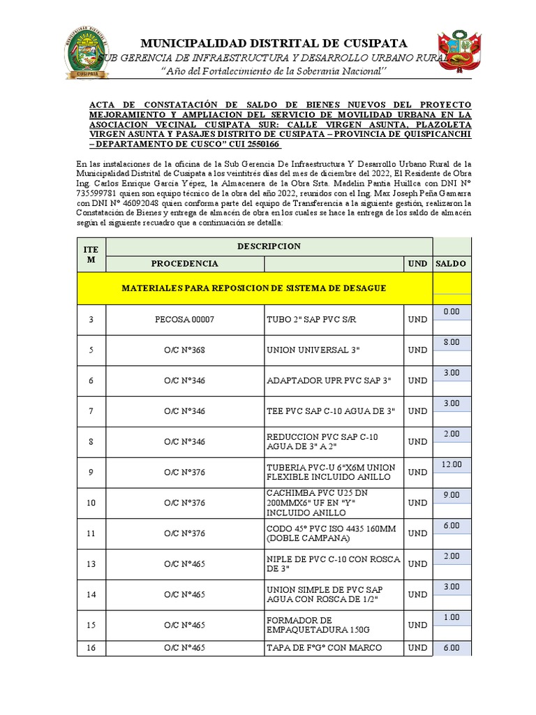 Acta de Entrega y Recepcion de Informe Almacen | PDF | Ingeniería de Edificación | Horticultura