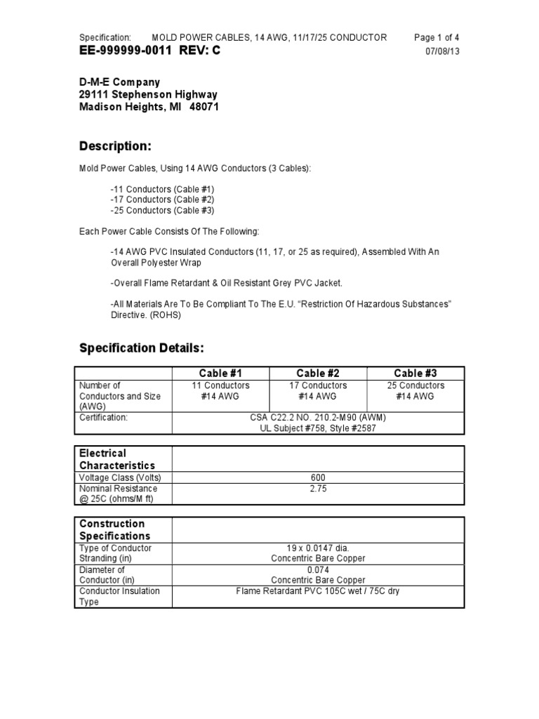 MPC Cable Specification - EE-999999-0011 | PDF | Electrical Conductor ...