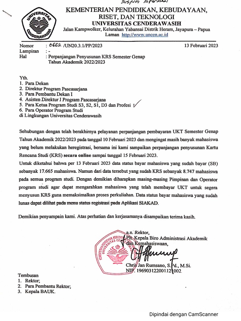 Perpanjangan Penyusunan KRS Semester Genap Tahun Akademik 2022-2023. | PDF