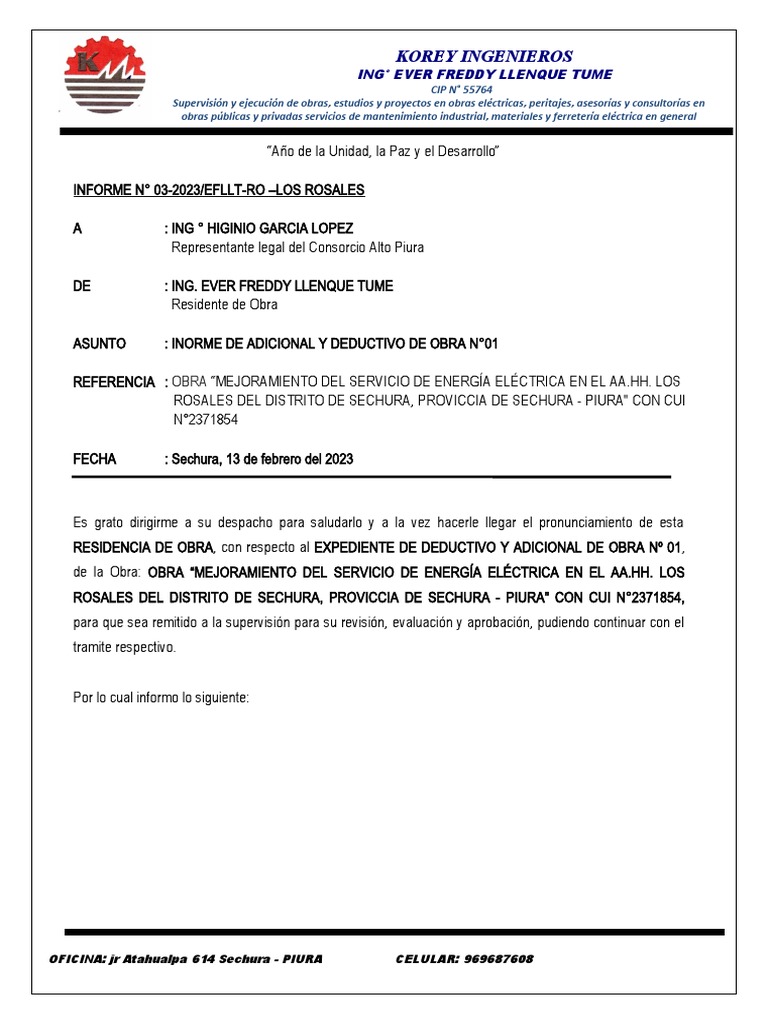 Informe 03-2023 - Deductivo y Adicional Levant. | PDF | Presupuesto | Ingeniero civil