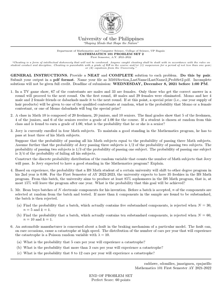 Math 101 Problem Set 2 | PDF | Mathematics | Probability Distribution