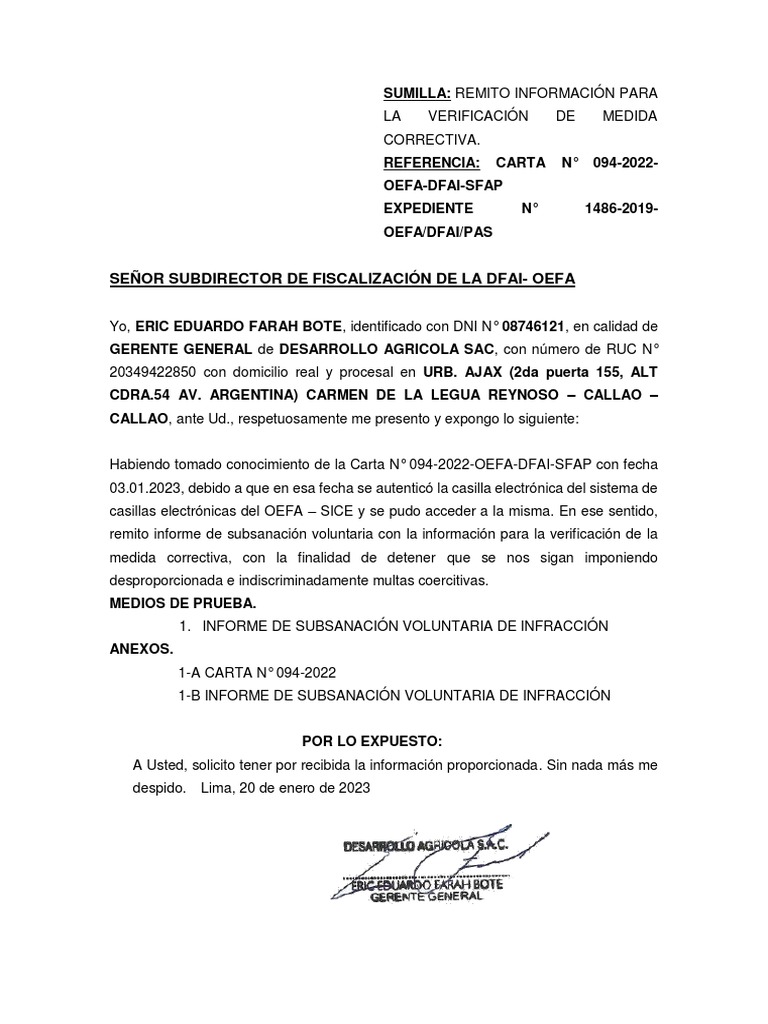 Carta de Informe Medida Correctiva | PDF
