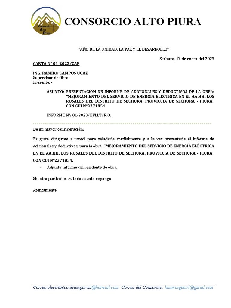 Carta 01 2023 Expediente Adicional Y Deductivo De Obra Pdf