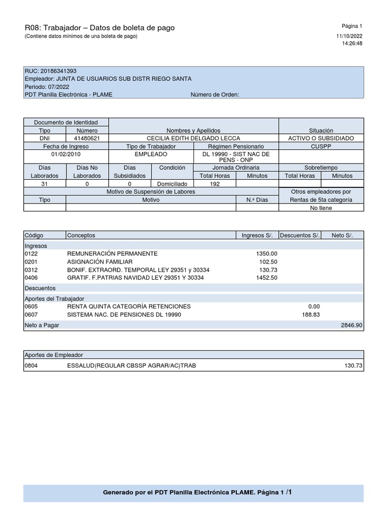R08: Trabajador - Datos de Boleta de Pago | PDF