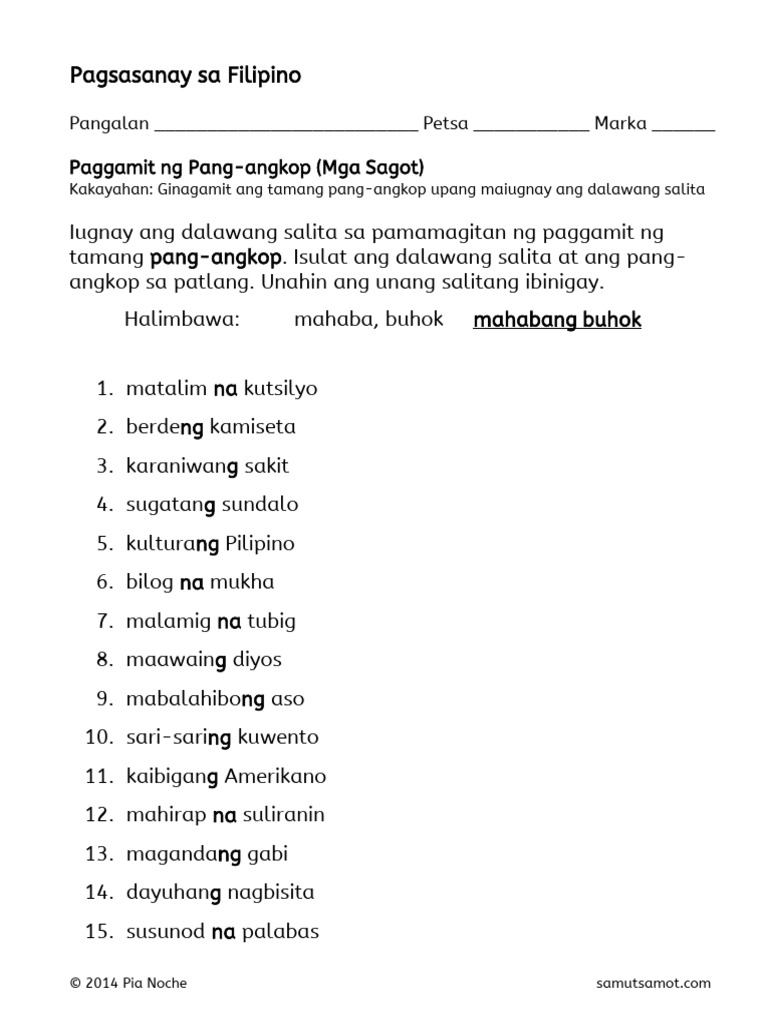 Mga Sagot Sa Paggamit NG Pang Angkop 2 1 | PDF