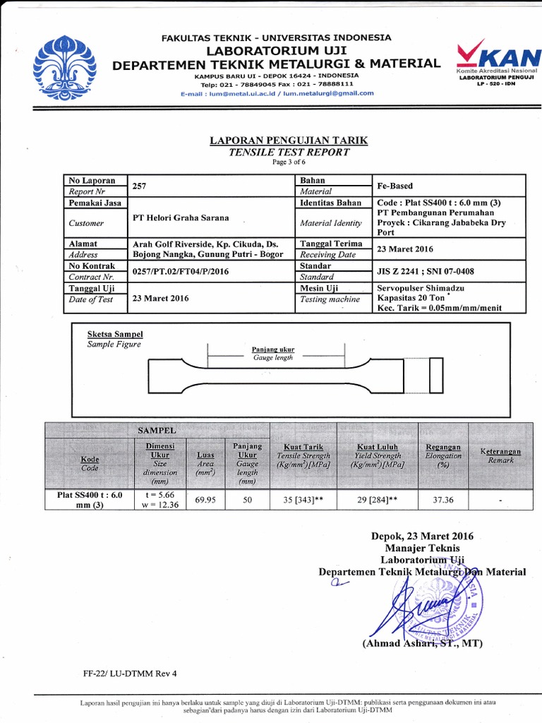 Sertifikat Lab Uji Tarik Plat 6 MM Dept Teknik Metalurgi UI Tiang High ...