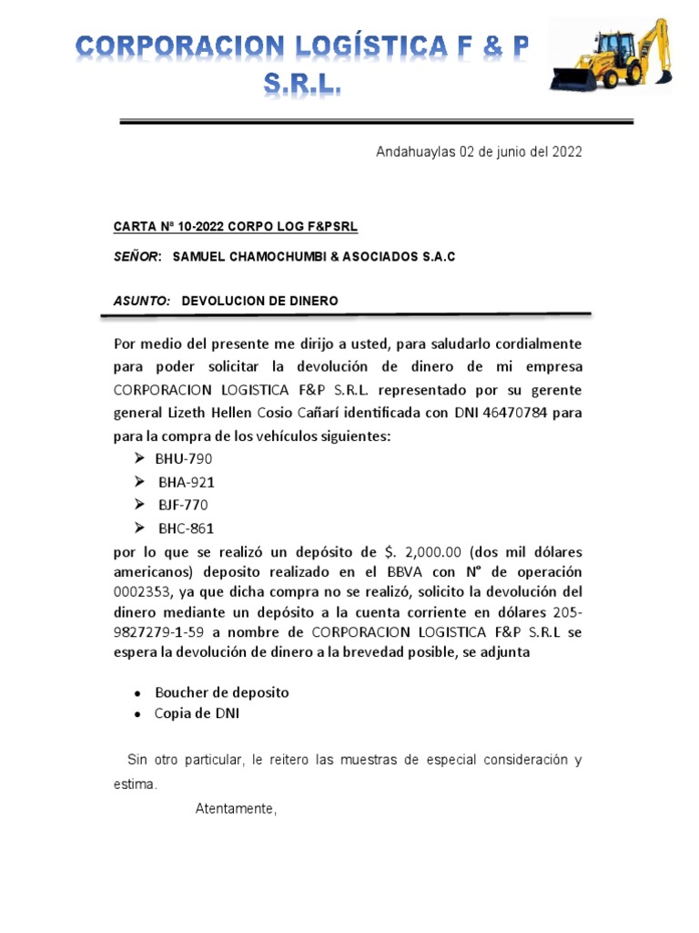 Carta Devolucion de Dinero | PDF | Finanzas y administración del dinero