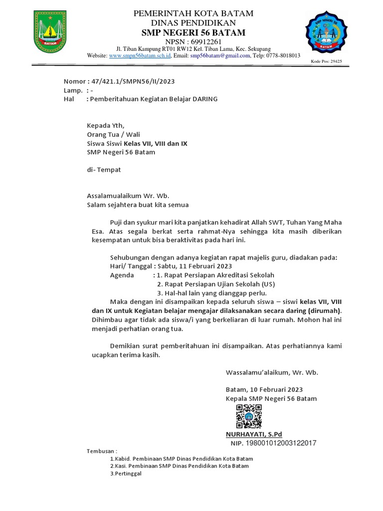 Surat Pemberitahuan - Belajar Daring - 10022023 | PDF