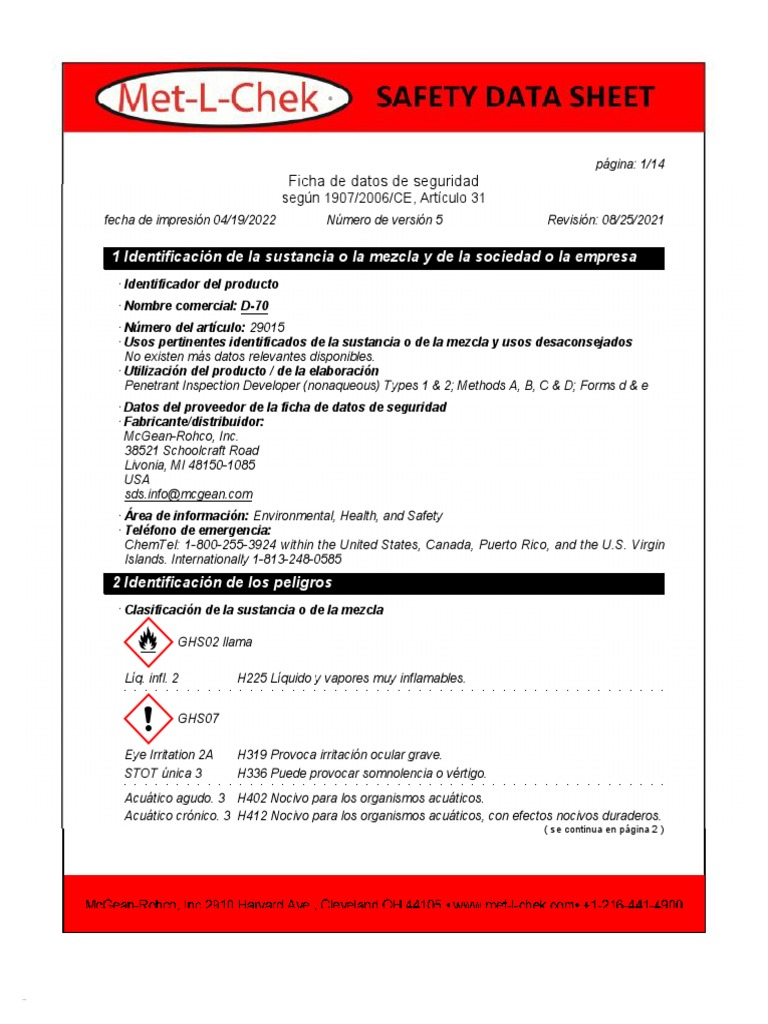 Ficha Seguridad D-70: Riesgos y Precauciones | PDF | Agua | Química