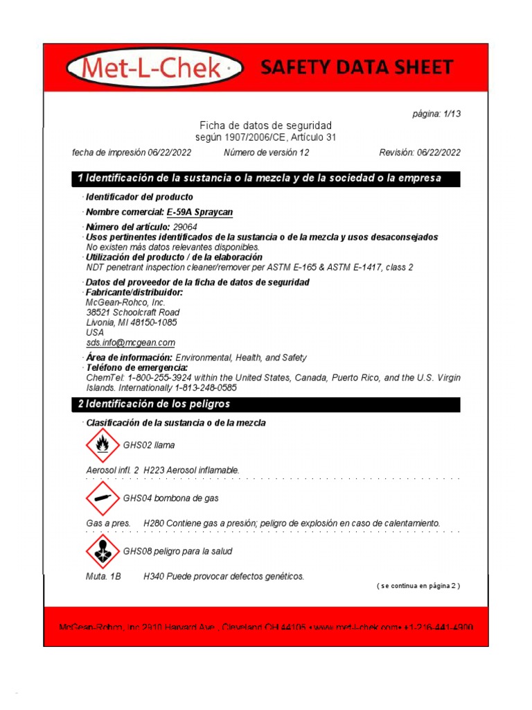 Ficha Seguridad E-59A Spraycan | PDF | Agua | Residuos