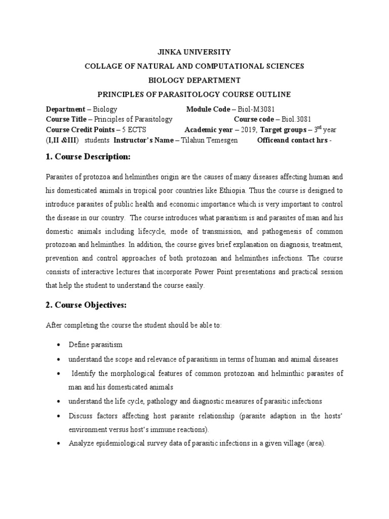Parasitologyu Course Outline | PDF | Parasitism | Infection Parasitologyu Course Outline | PDF | Parasitism | Infection